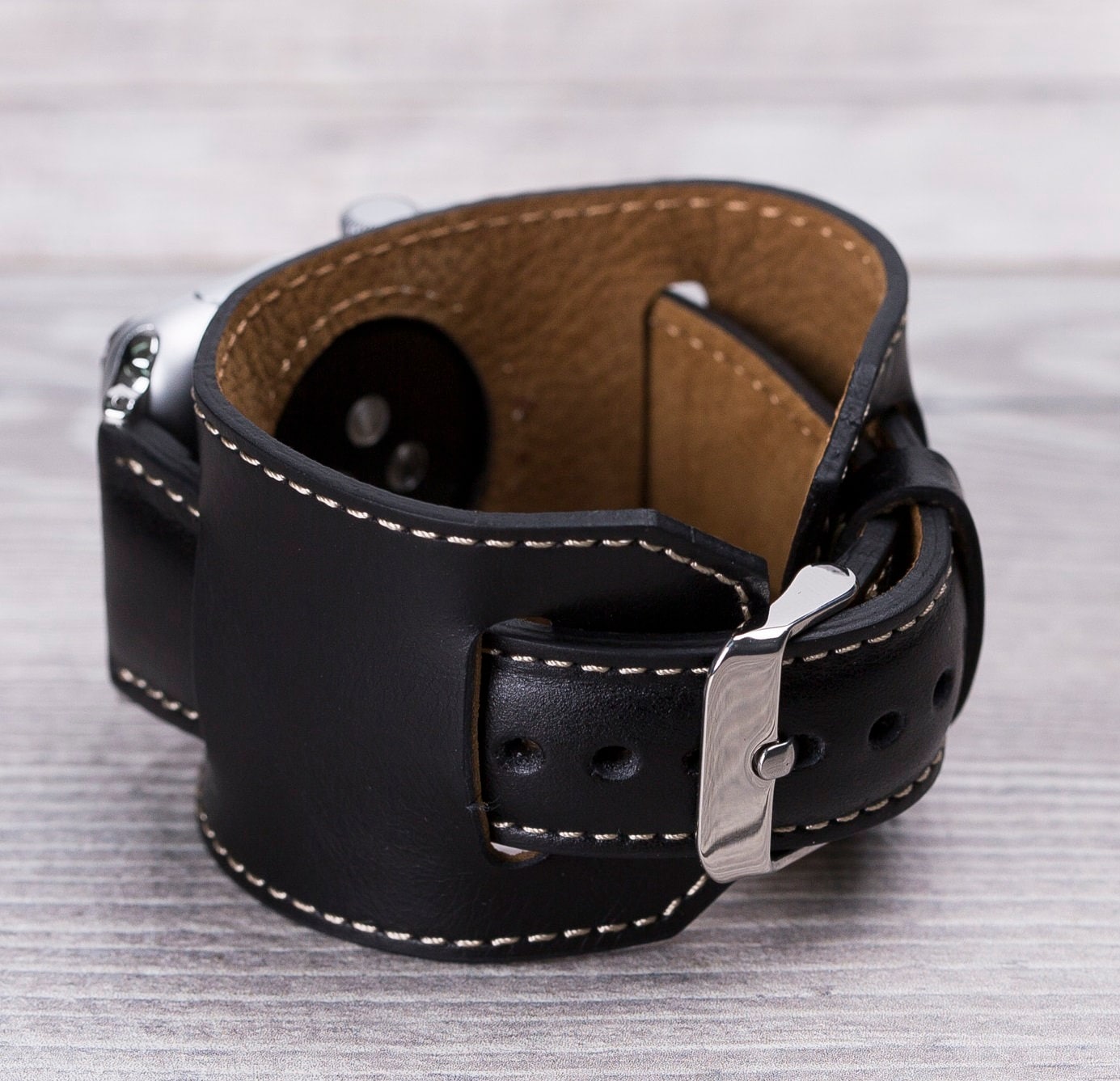 Full Grain Black Leather Apple Watch Cuff 42mm 38mm 40mm | Etsy