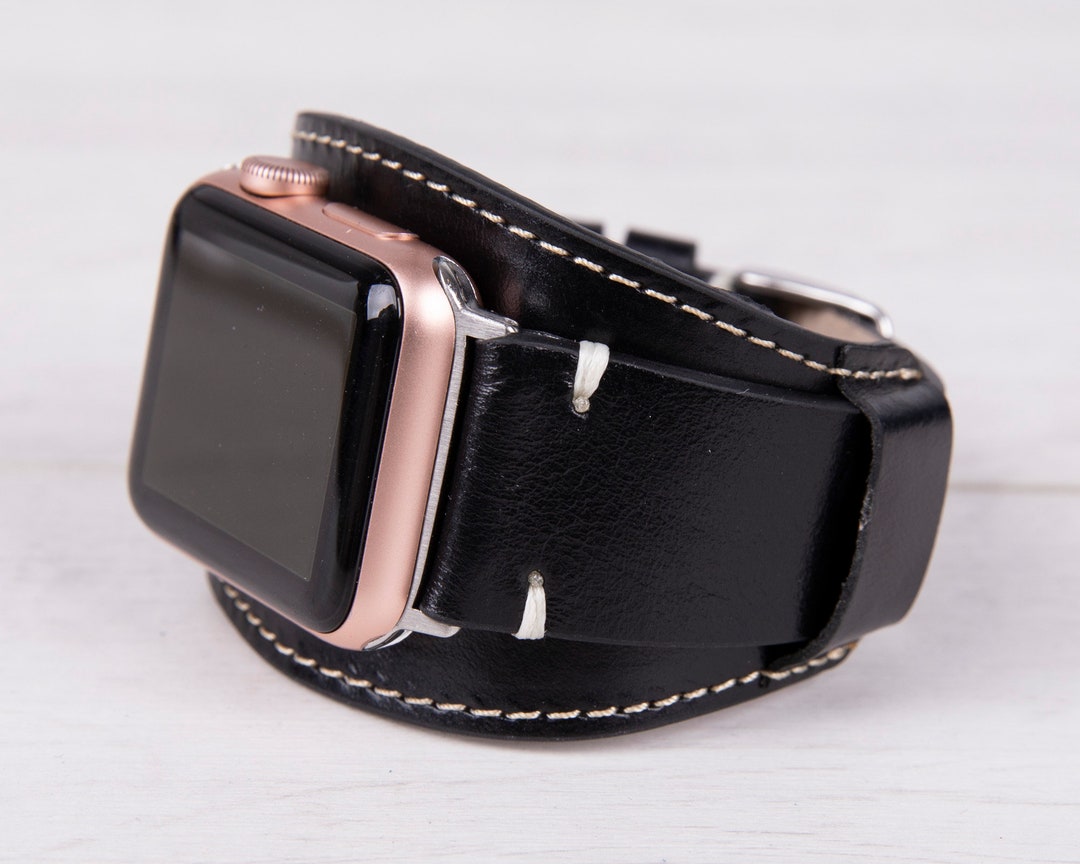 Full Grain Black Leather Apple Watch Cuff: Series 1-11 & SE 1-3 - Ultra ...