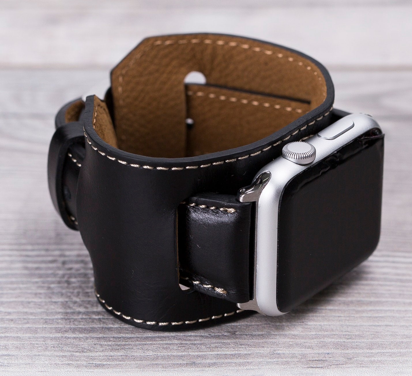 Full Grain Black Leather Apple Watch Cuff 42mm 38mm 40mm | Etsy