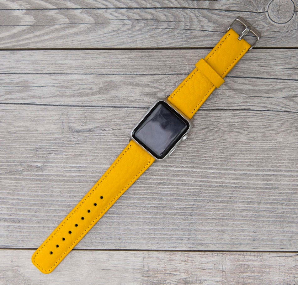 Yellow Full Grain Leather Apple Watch Band for Series 1-11, SE 1-3 ...