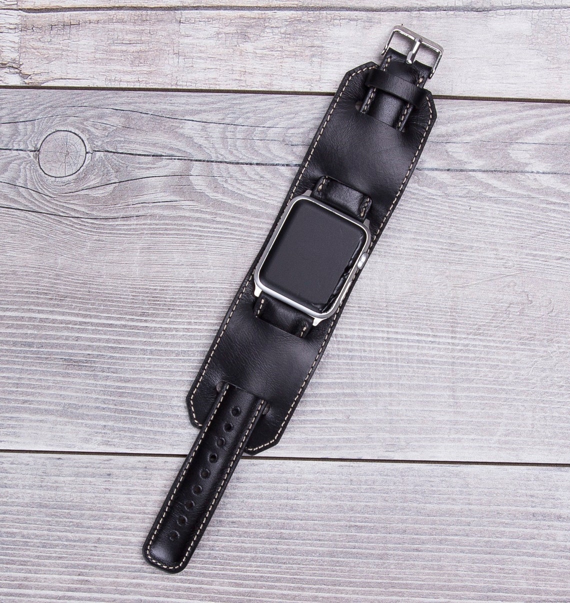 Full Grain Black Leather Apple Watch Cuff 42mm 38mm 40mm | Etsy