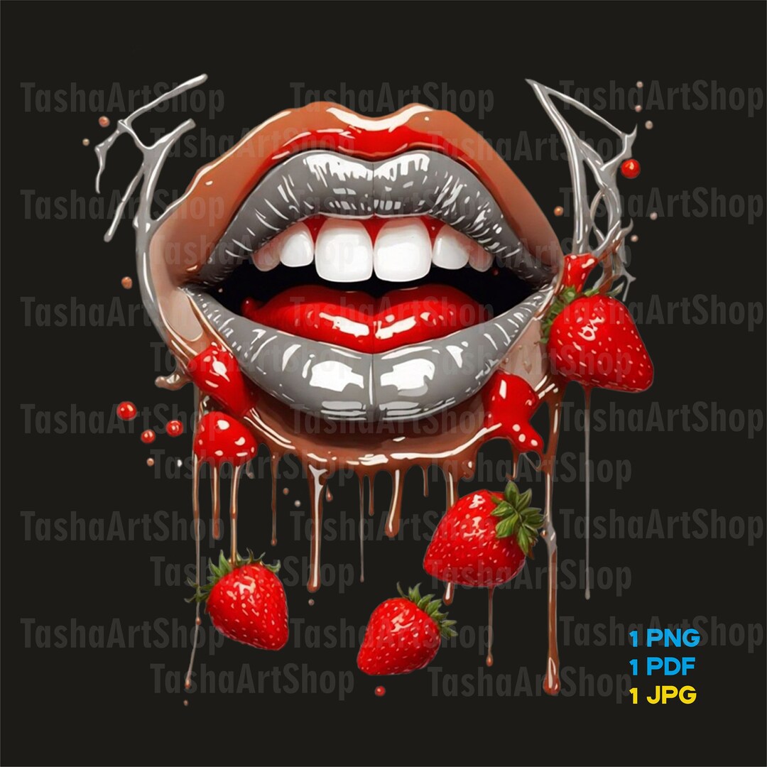 Dripping Gray Lips With Strawberries, Caramel, Sublimation Design ...