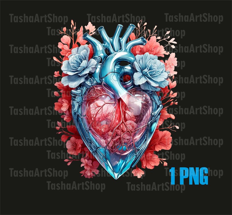 Glass Blue Anatomic Heart in Flowers, Design Sublimation, Card Images ...