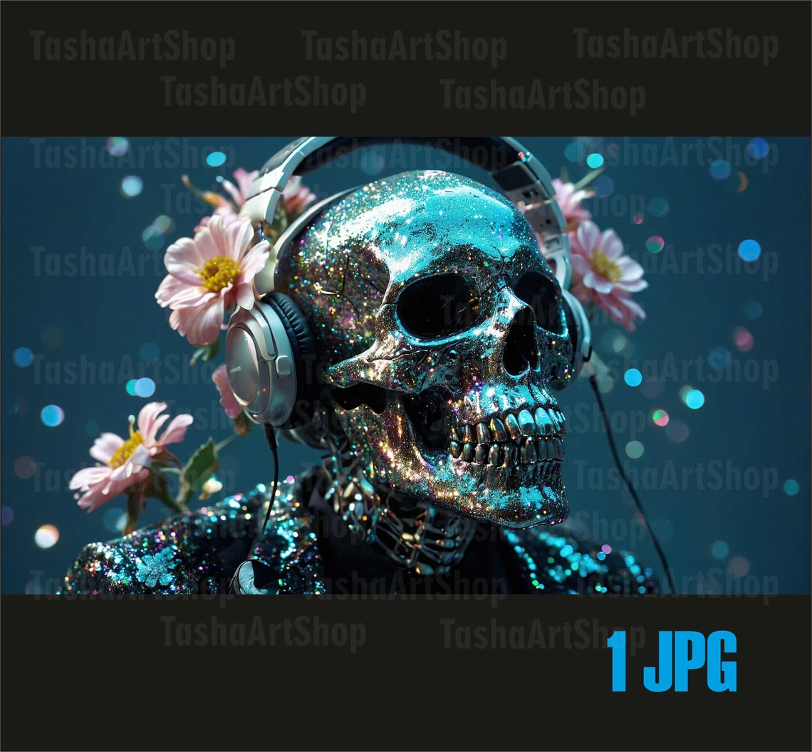 Wall Decor, Shiny Skull With Headphones, Sequins, Glitter, Large Size ...