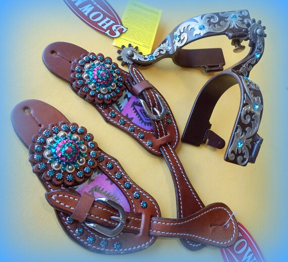 Ladies Brown Steel With Pink or Blue Crystals Show Spurs With | Etsy