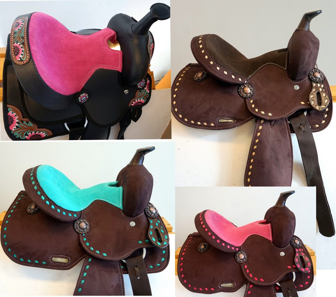 Western Mini Pony Trail Cordura Synthetic Saddle 10/ 12 Brown Pink Blue ...