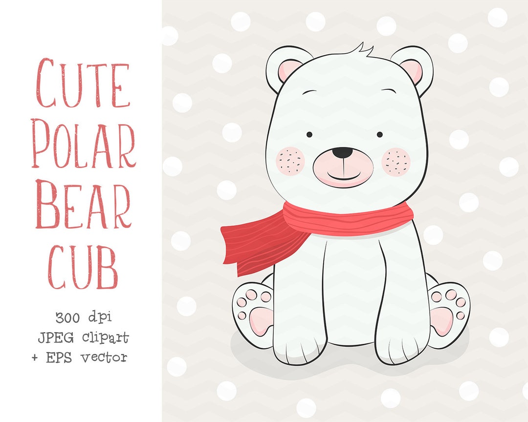 Cute Polar Bear Cub Clipart - Polar Bear Illustration - Hand Drawn ...
