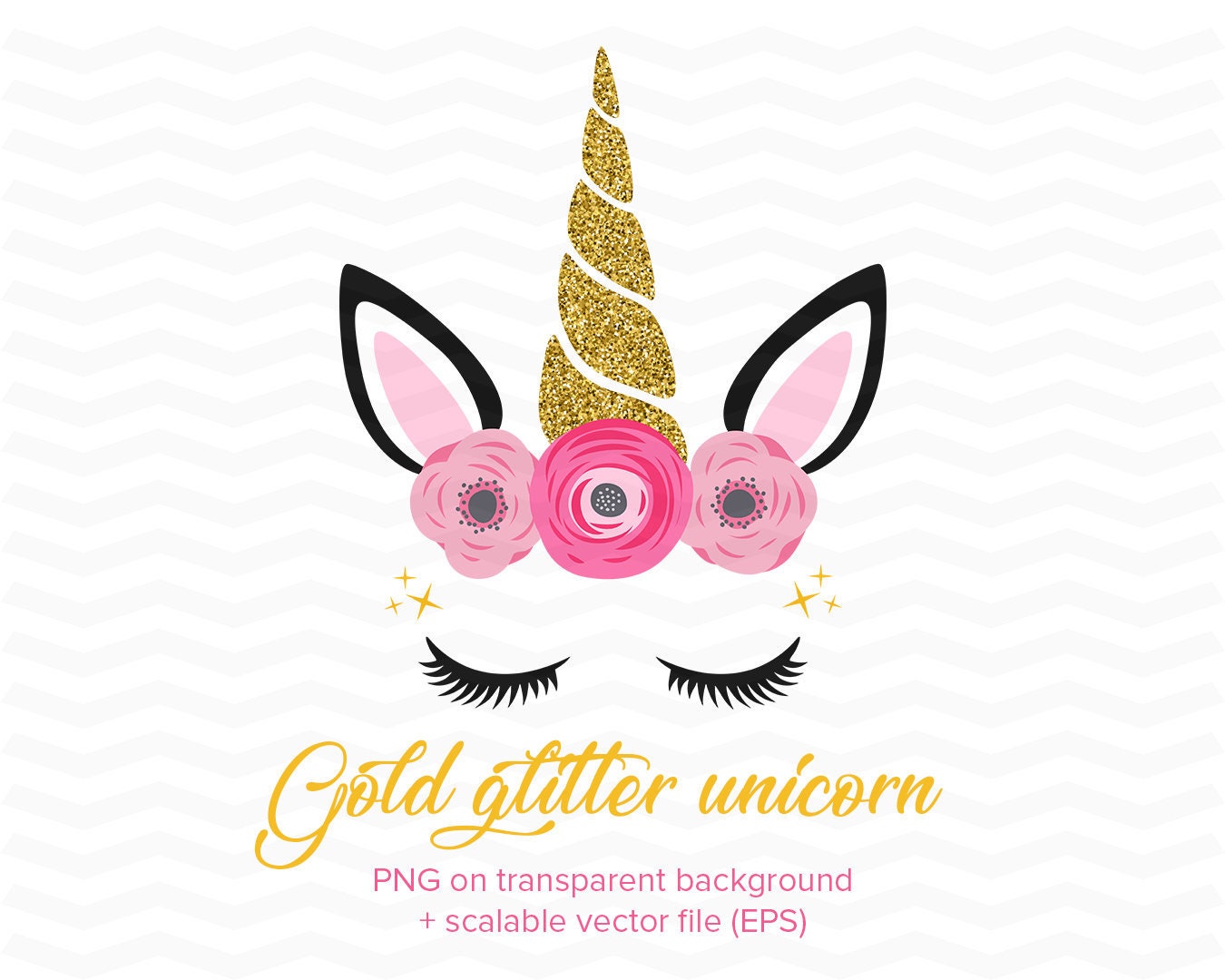 Glitter Unicorn Face Clipart - Gold Shimmer Unicorn Head - Unicorn Clip ...