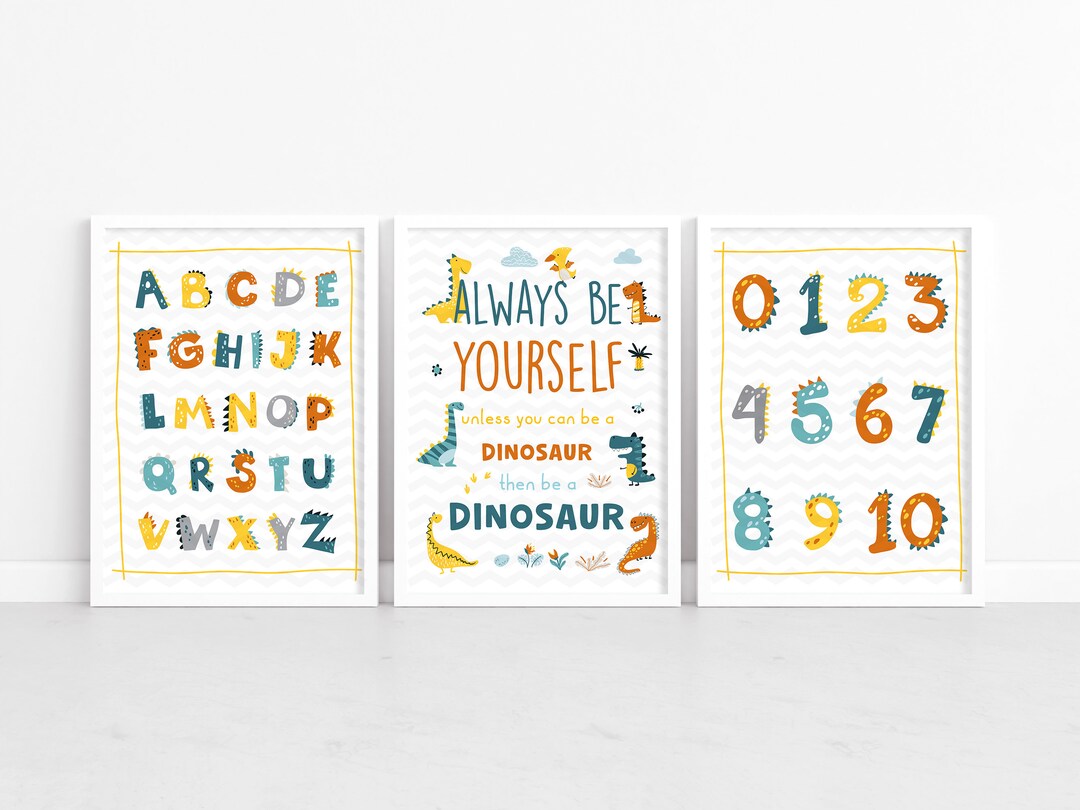 Dinosaur Alphabet & Numbers Set of 3 Playroom Decor, Dino Kids Bedroom ...