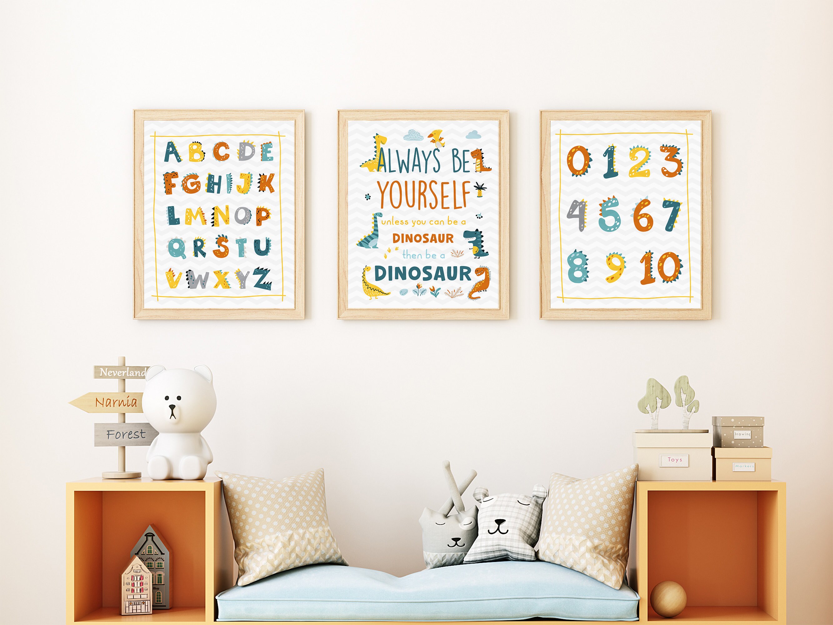 Dinosaur Alphabet & Numbers Set of 3 Playroom Decor, Dino Kids Bedroom ...