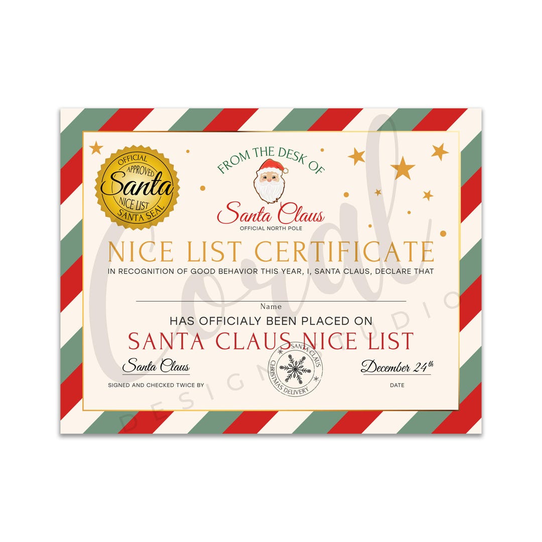 Printable Santa Nice List Certificate - Official Father Christmas ...