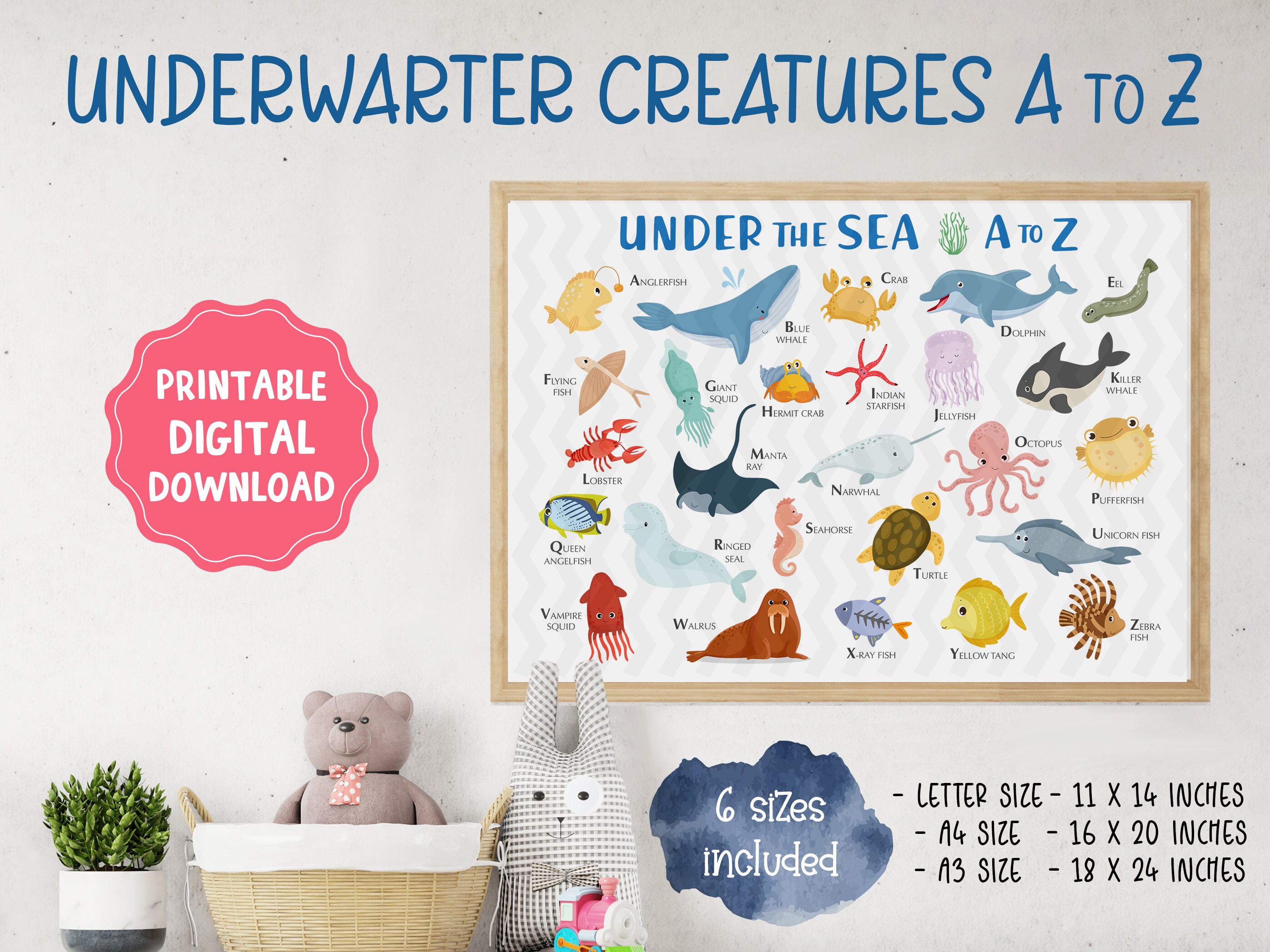 Under the Sea A to Z Printable Wall Art, Underwater Creatures Print ...