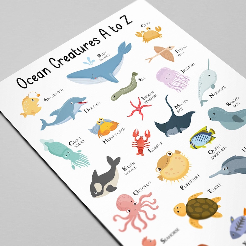 Ocean Creatures Alphabet Printable Art, Underwater Animals Print for ...