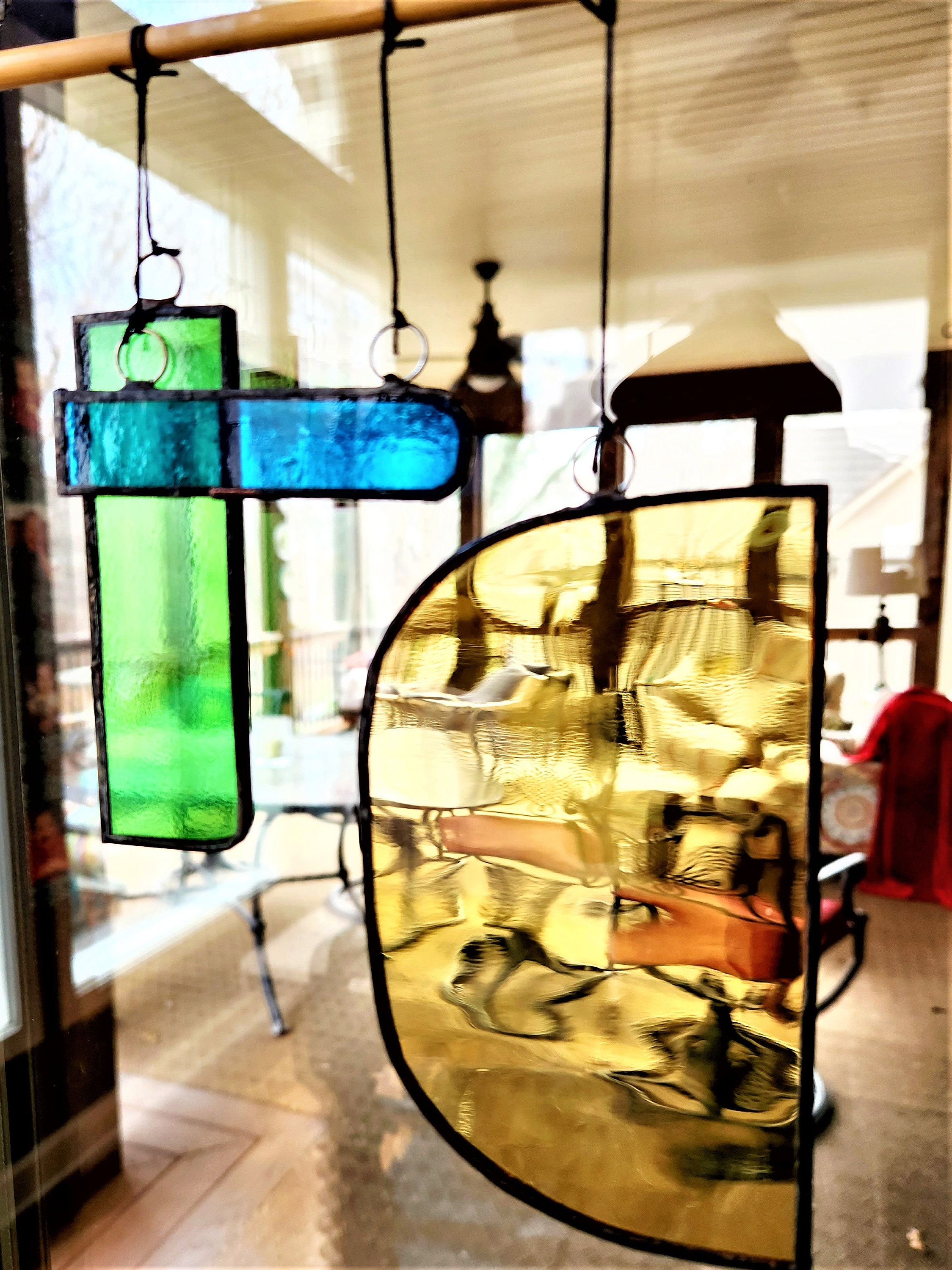 Art Deco Amber Stained Glass Sun Catcher Shapes Mid Century Modern ...