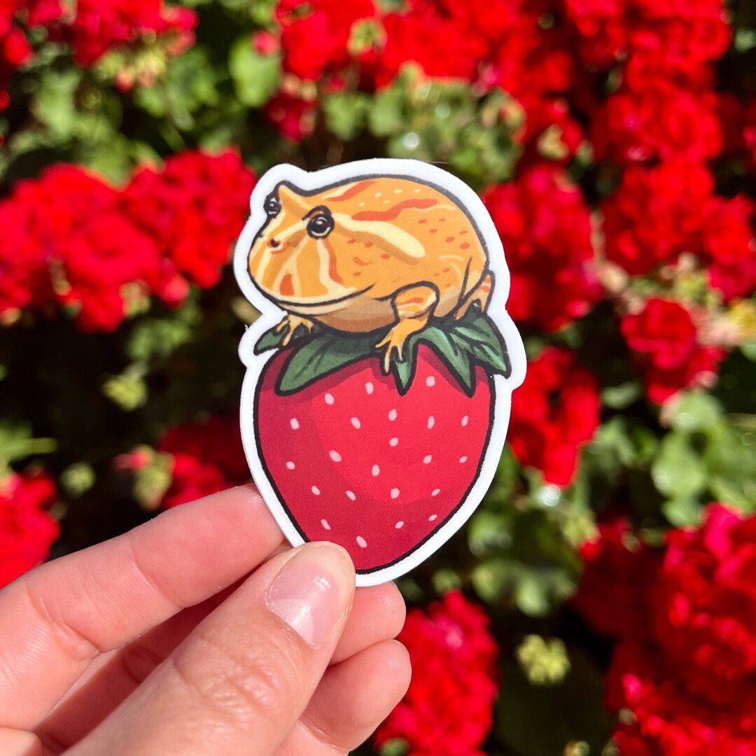 Vinyl Weatherproof Cute Pacman Frog Strawberry Sticker | Yellow Pet ...