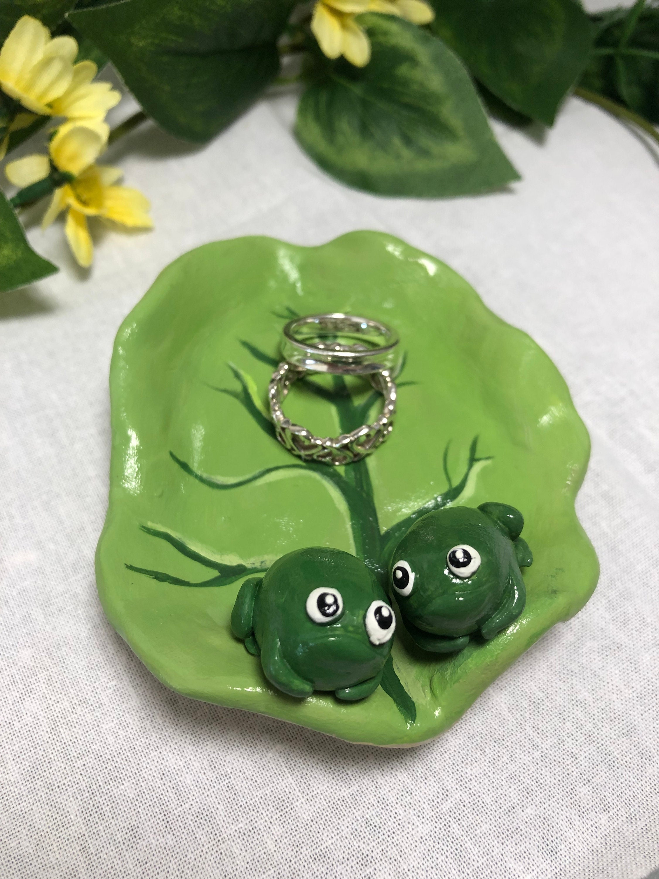 Handmade Painted Polymer Clay Frog Couple Jewelry Ring Leaf | Etsy