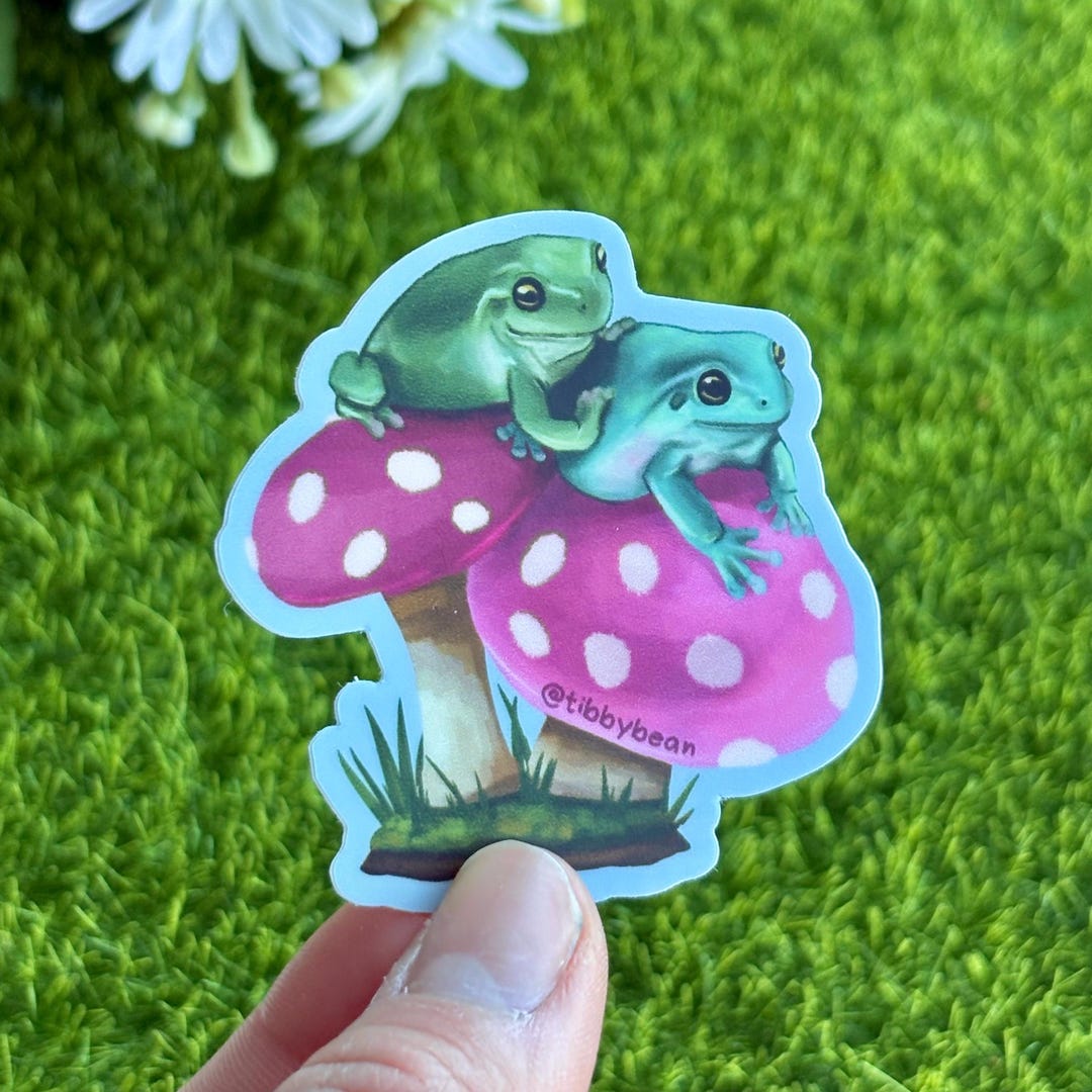 White’s Tree Frog Vinyl Sticker | Cute Pink Mushroom & Froggy Friends ...