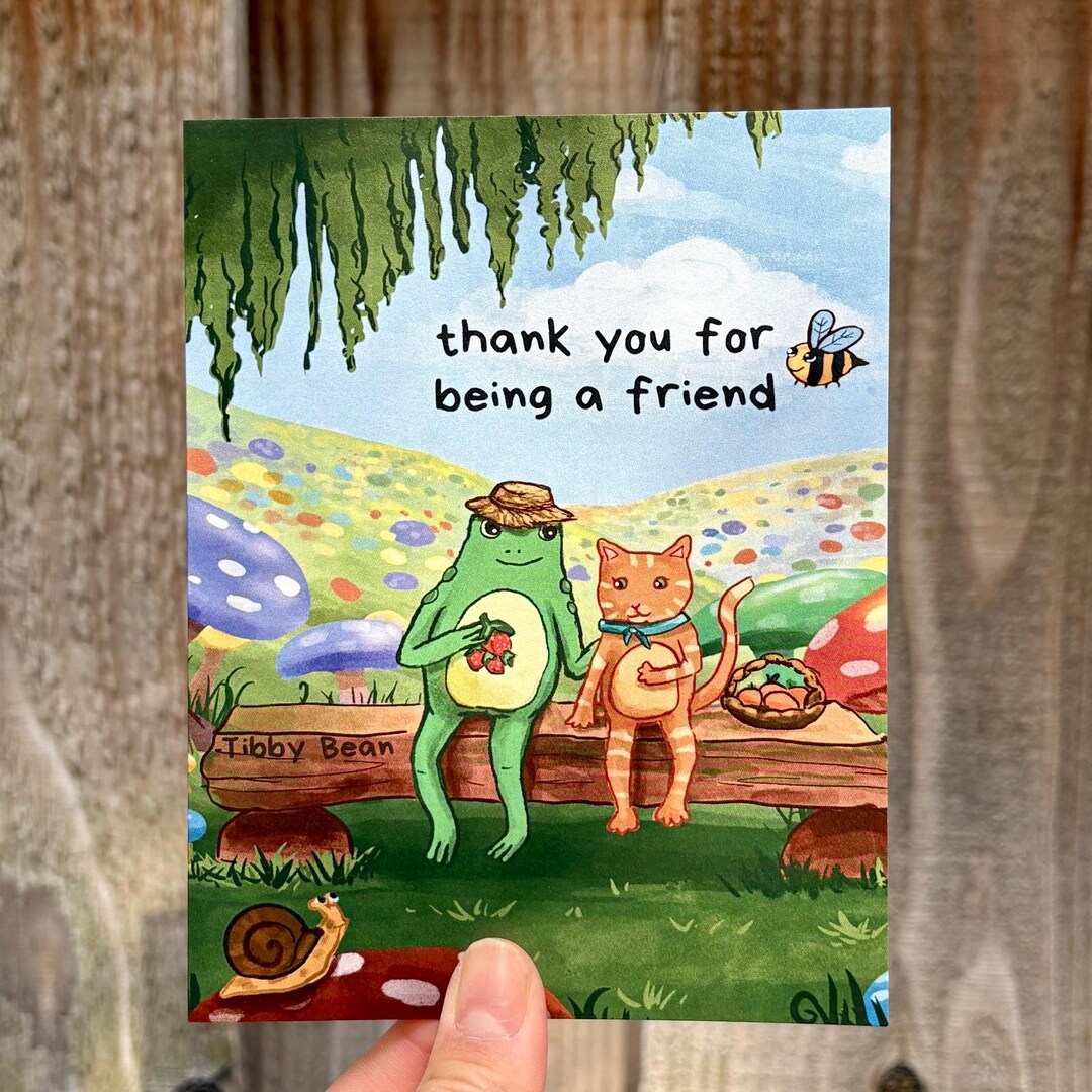Cute Thick Paper Greeting Card of Frog and Cat Friendship in Mushroom ...