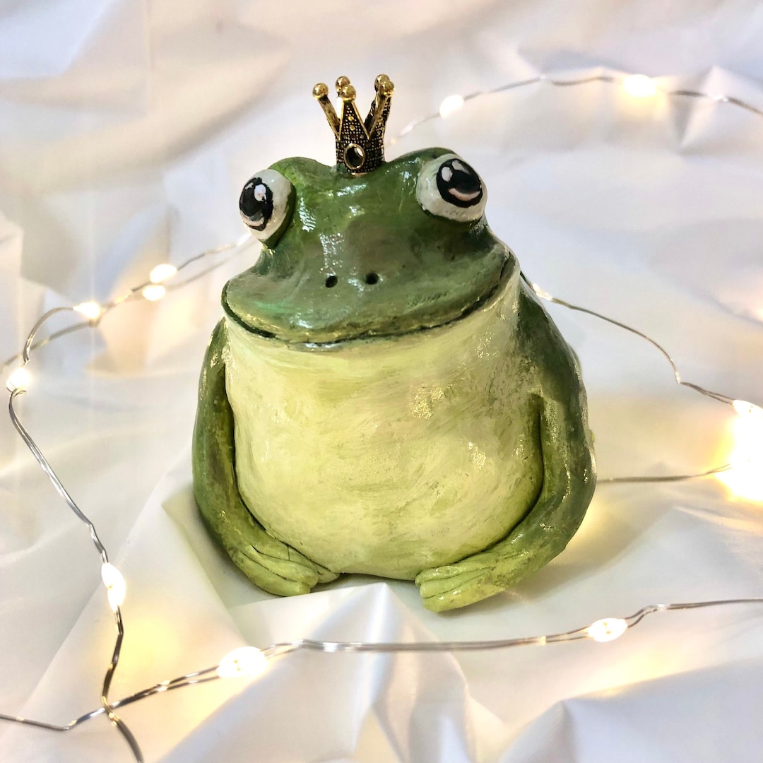 Handmade Hand-painted Polymer Clay Prince Charming Green Frog Gold ...