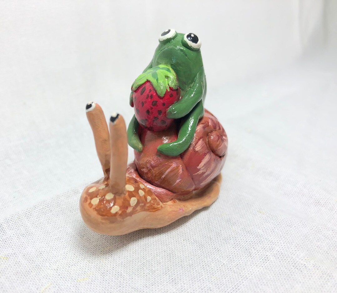 Handmade Polymer Clay Tiny Little Toad Riding Garden Snail Sculpture ...