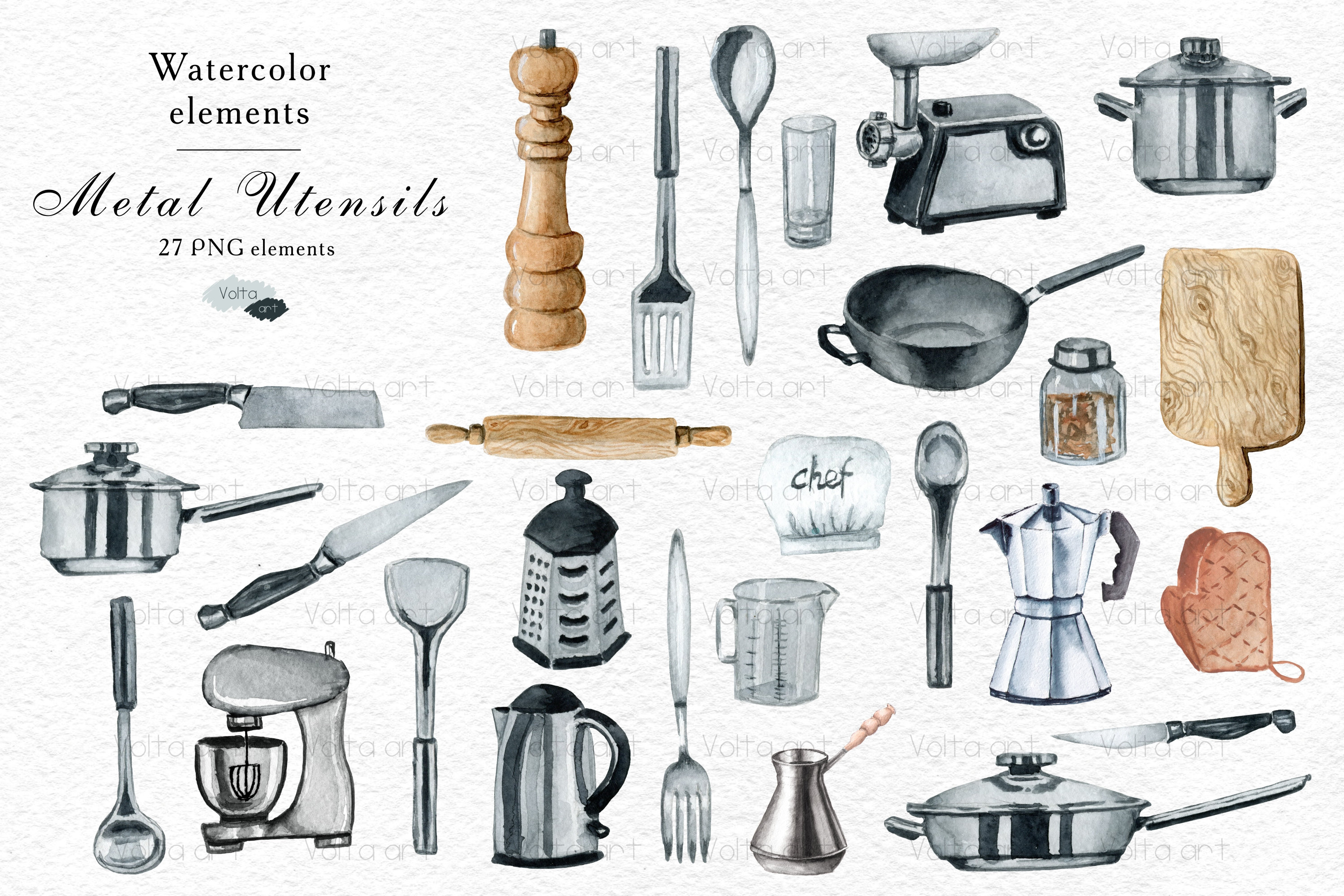Watercolor Cooking Clipart And Kitchen Supplies Metal Etsy