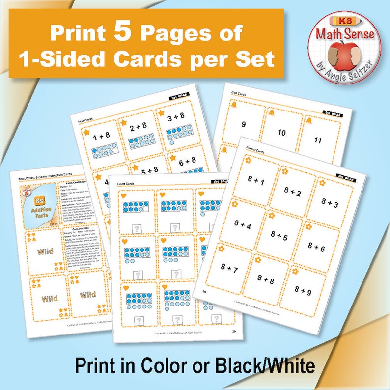Addition Facts CARD GAMES 1s Through 9s With 9 Sets of 40 Printable ...