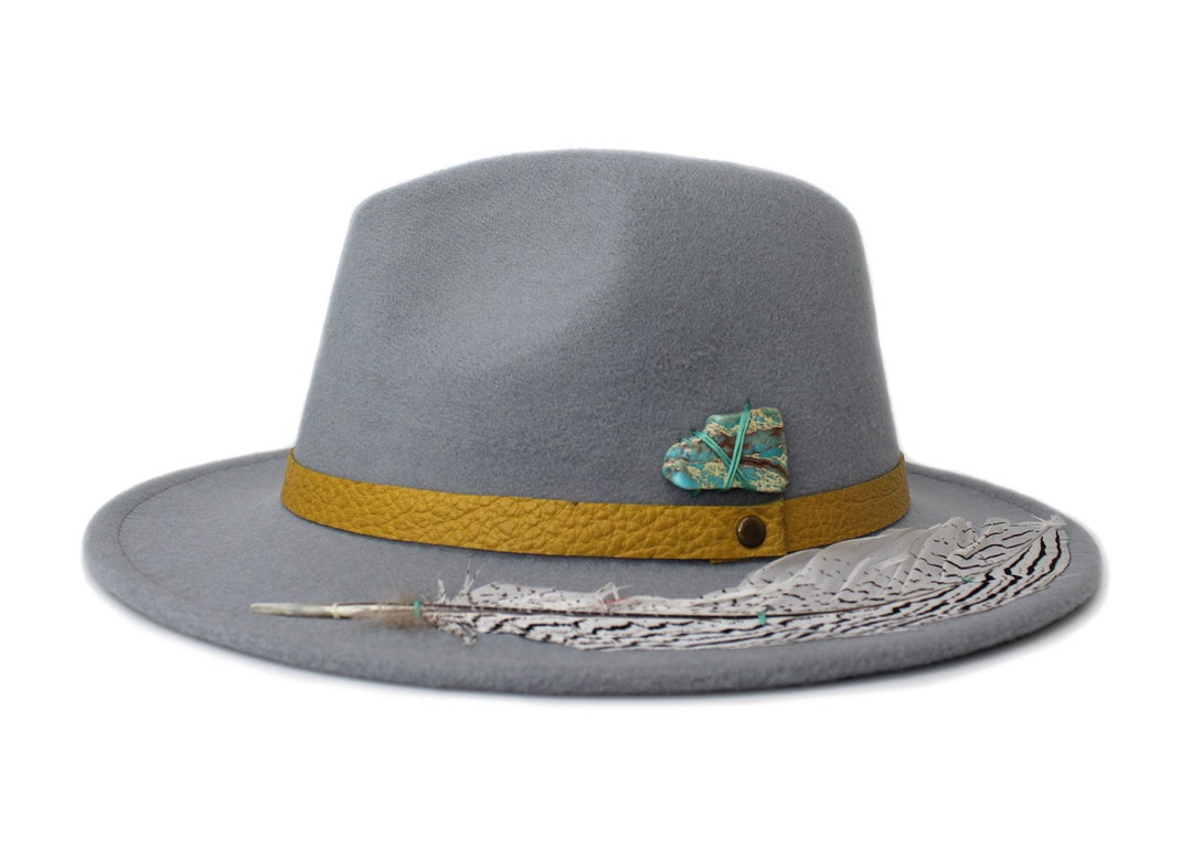 Grey Fedora Hat, Wide Brim Fedora Hat, Turquoise Stone, Felt Hat, One ...