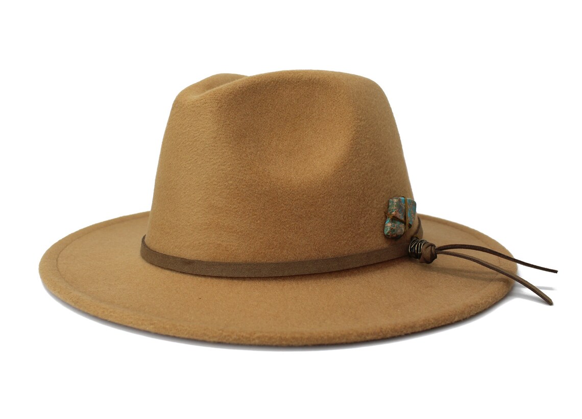 Tan Fedora Wide Brim Fedora Hat Felt Hat Turquoise Stone - Etsy