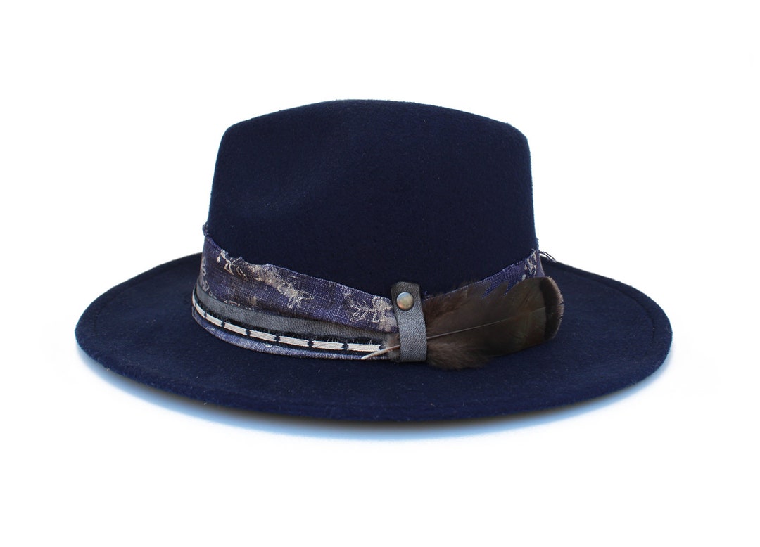 Navy Blue Fedora Hat, Wide Brim Fedora Hat, Felt Hat, Feather, One Size ...