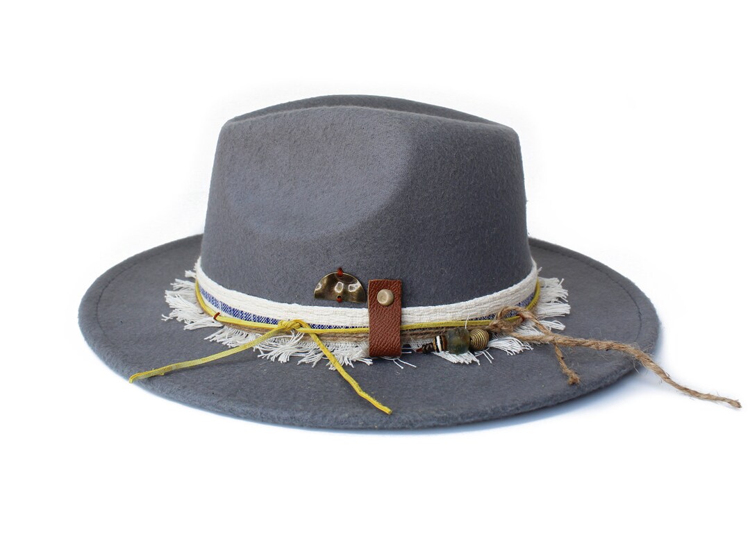 Grey Fedora Hat, Wide Brim Fedora Hat, Felt Hat, Fringe, One Size Fits ...