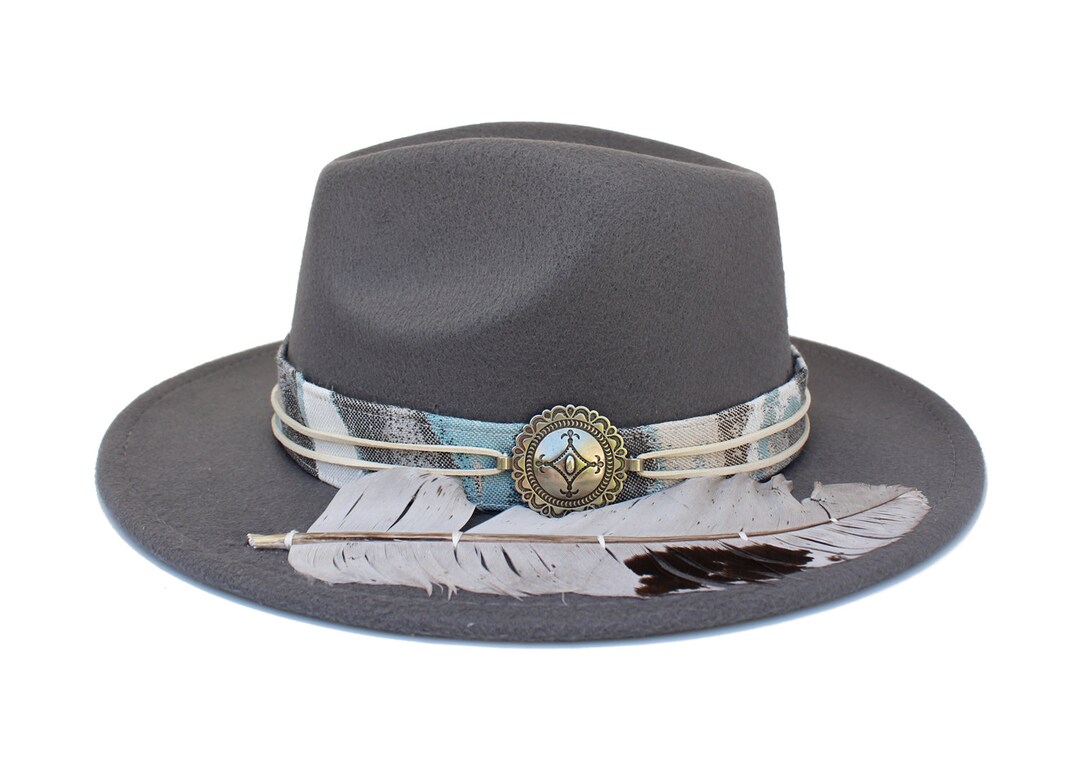 Grey Fedora Hat, Wide Brim Fedora Hat, Native American Concha, Felt Hat ...