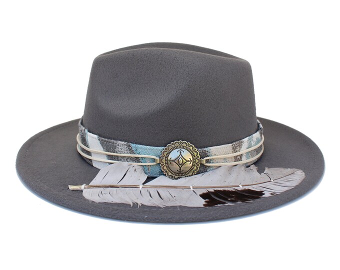 Grey Fedora Hat, Wide Brim Fedora Hat, Native American Concha, Felt Hat ...