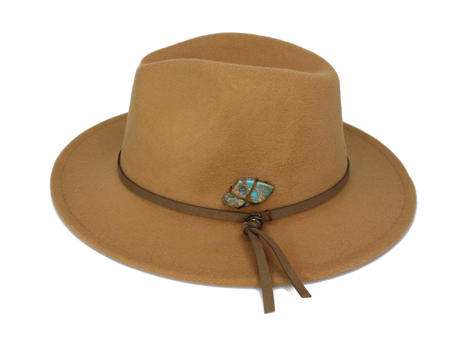Tan Fedora Wide Brim Fedora Hat Felt Hat Turquoise Stone - Etsy