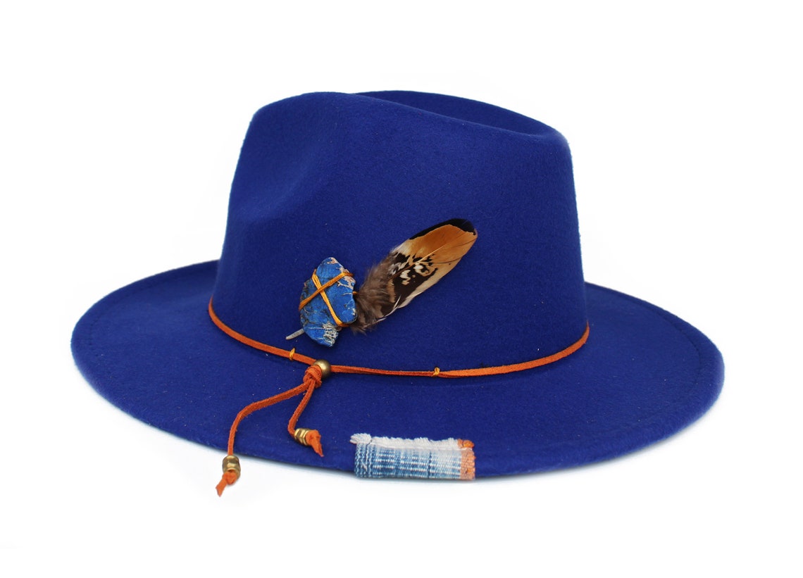 Royal Blue Fedora Hat, Wide Brim Fedora Hat, Felt Hat, Jasper Stone ...