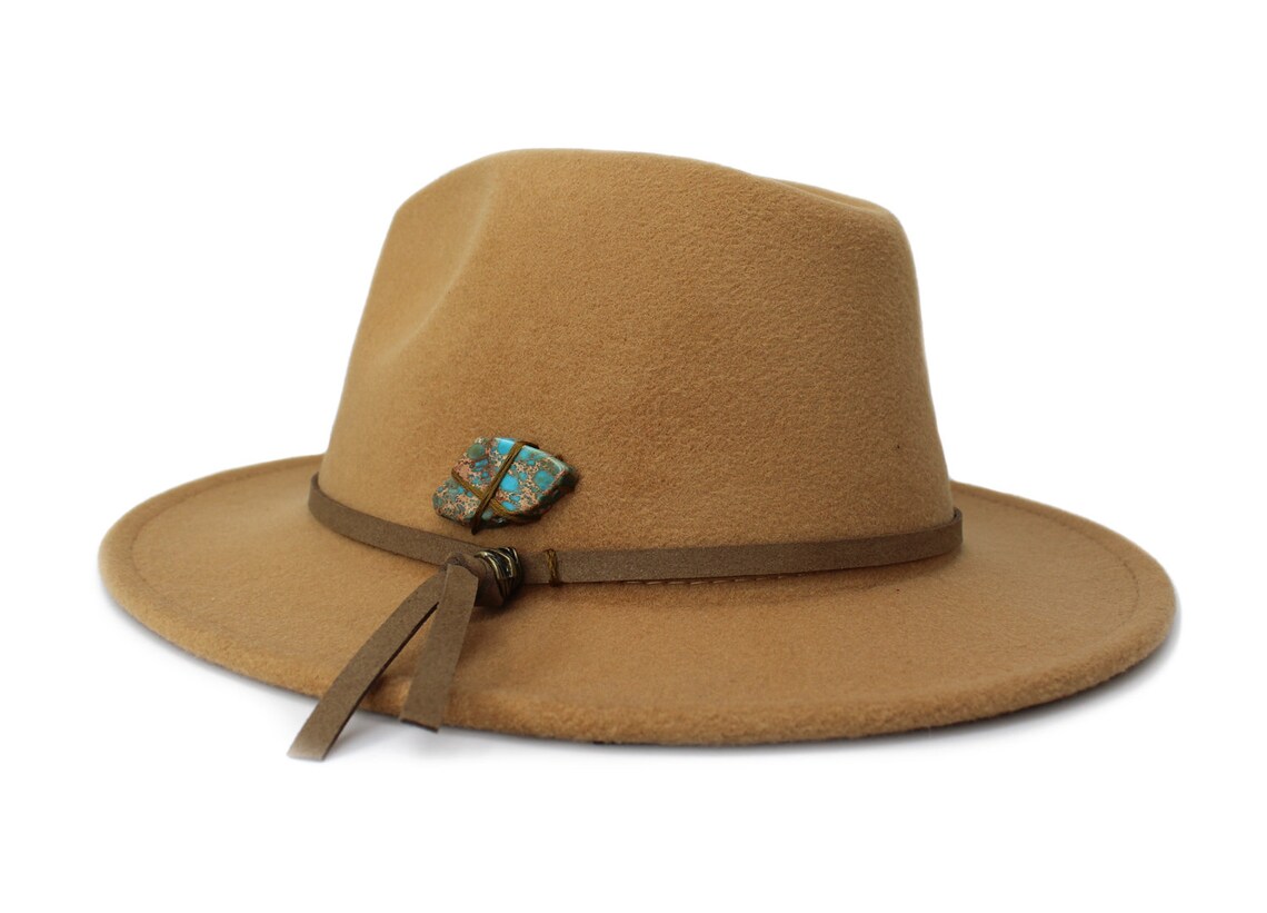 Tan Fedora Wide Brim Fedora Hat Felt Hat Turquoise Stone - Etsy