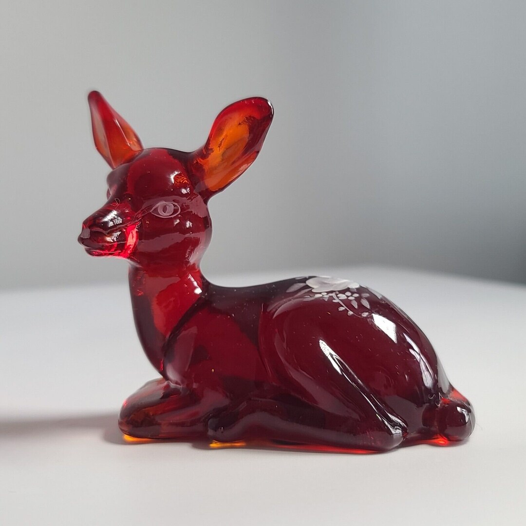 Fenton Art Glass 1980s Ruby Red Fawn/deer Doe Figurine Hand Painted ...