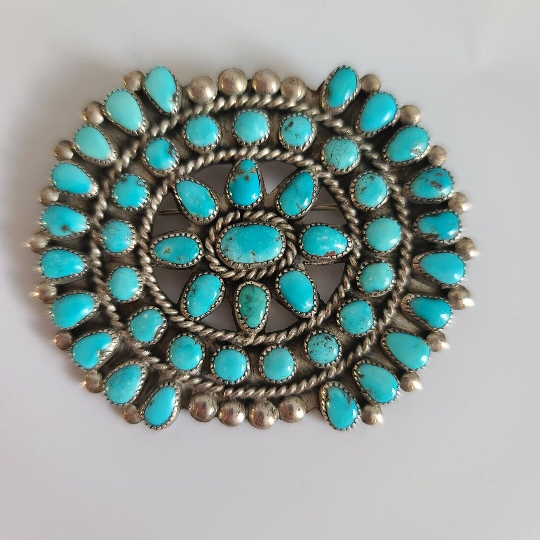 Zuni Real Blue Turquoise Brooch Pin Sterling Silver Cluster Large Old ...