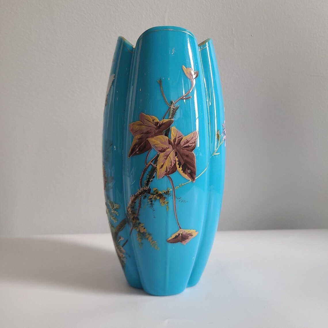 Blue Opaline Milk Glass Vase Handprinted Thistle Butterfly Flower Antique 19th C - Etsy