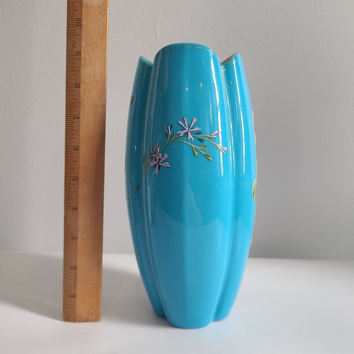 Blue Opaline Milk Glass Vase Handprinted Thistle Butterfly Flower Antique 19th C - Etsy