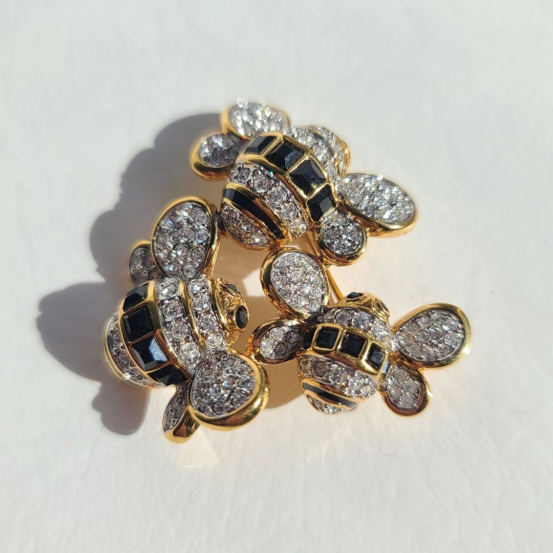 Vtg Swarovski Large Pin Brooch 3D Bees White Clear Crystal Black Enamel ...