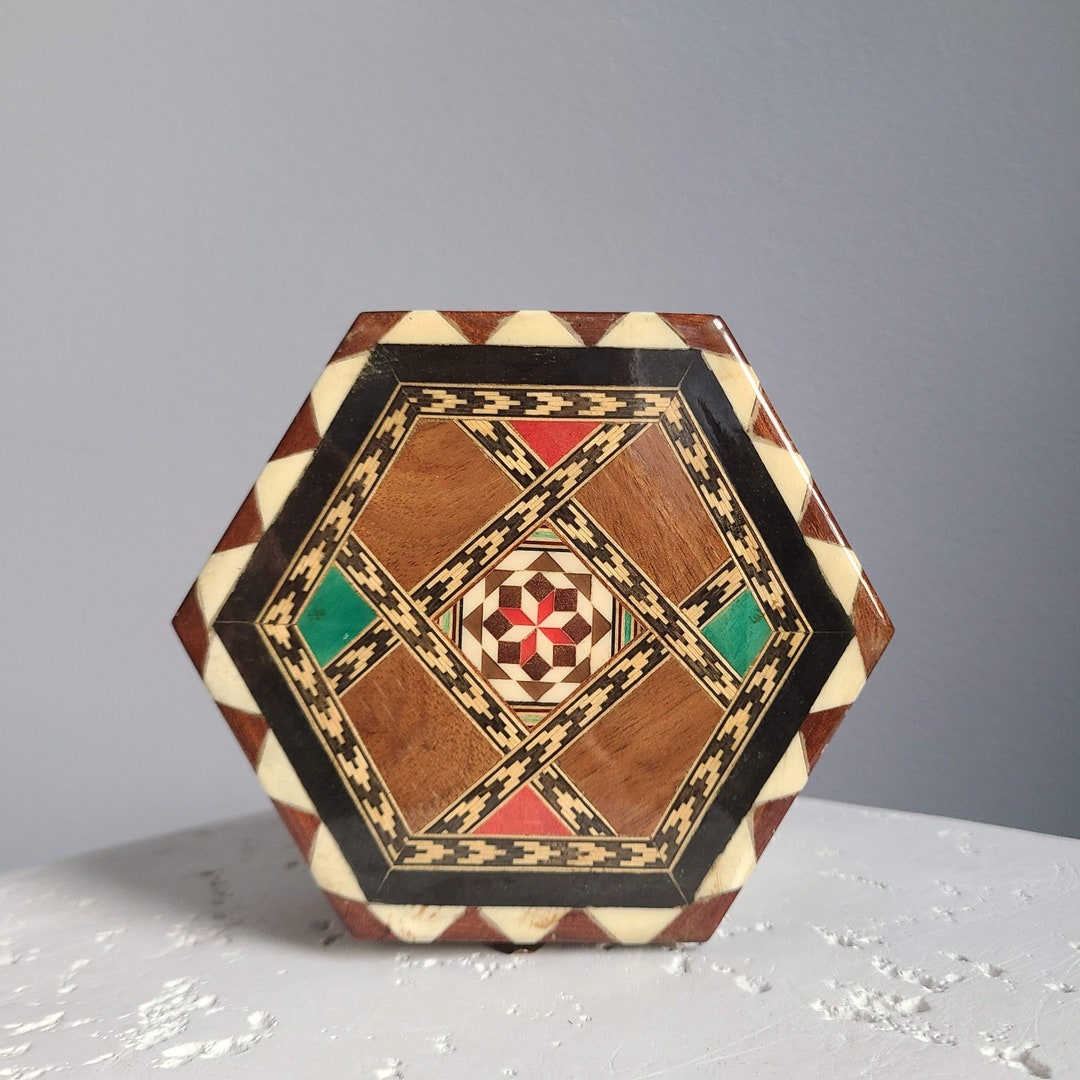 Spanish Wood Inlaid Lacquered Marquetry Hexagon Jewelry Box W. Mirror ...