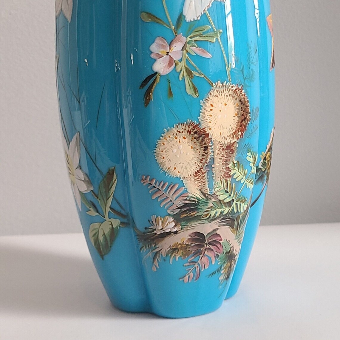Blue Opaline Milk Glass Vase Handprinted Thistle Butterfly Flower Antique 19th C - Etsy