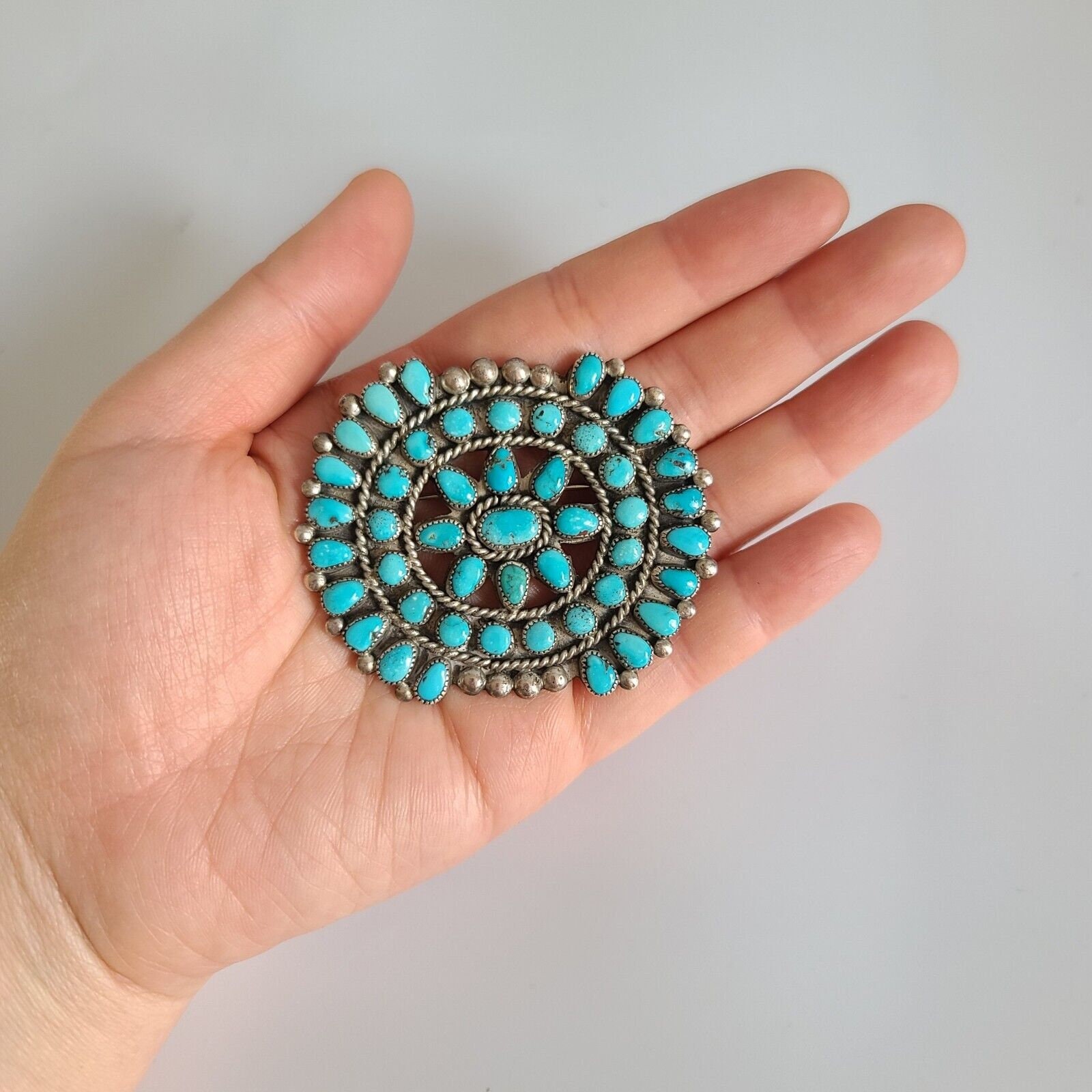 Zuni Real Blue Turquoise Brooch Pin Sterling Silver Cluster Large Old ...