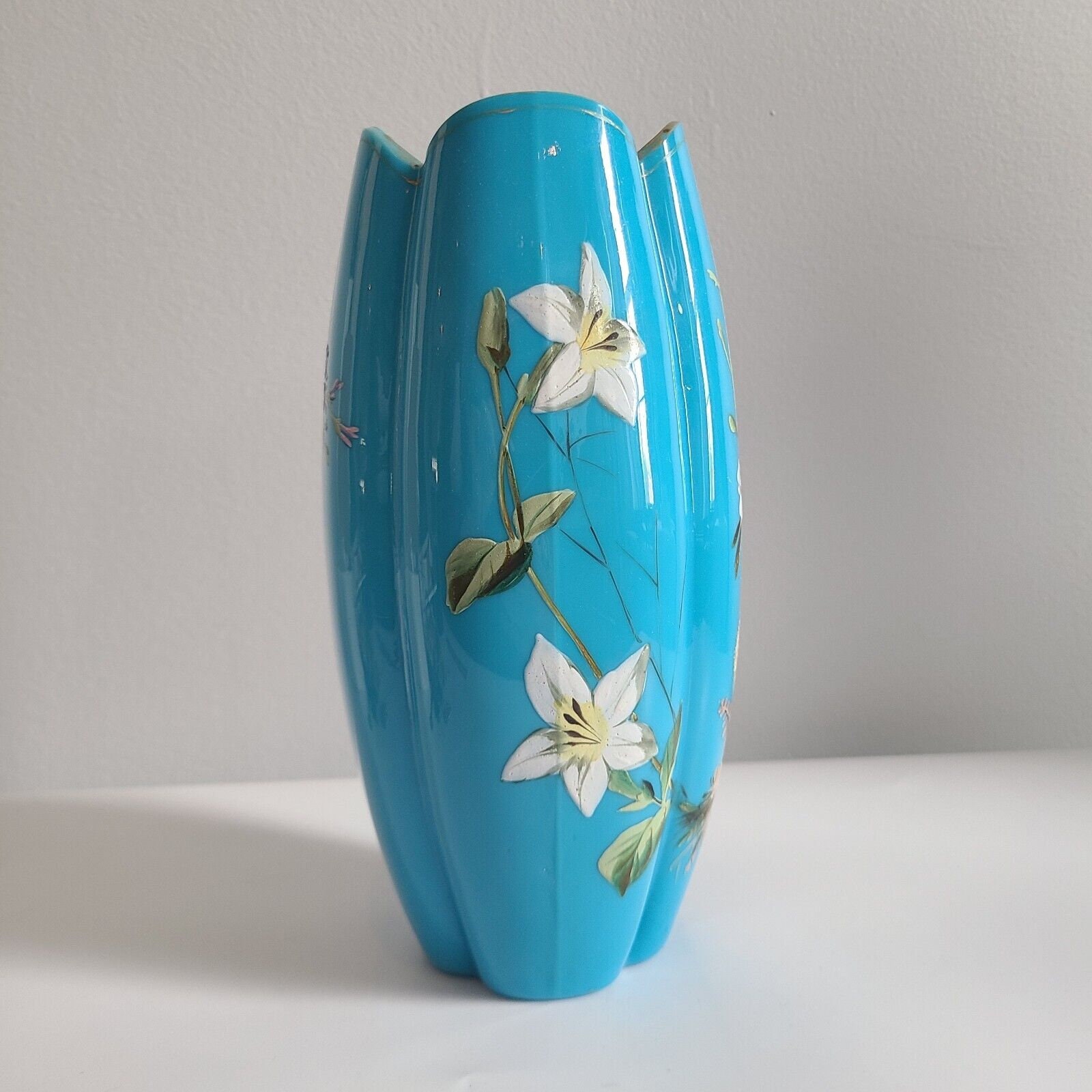 Blue Opaline Milk Glass Vase Handprinted Thistle Butterfly Flower Antique 19th C - Etsy