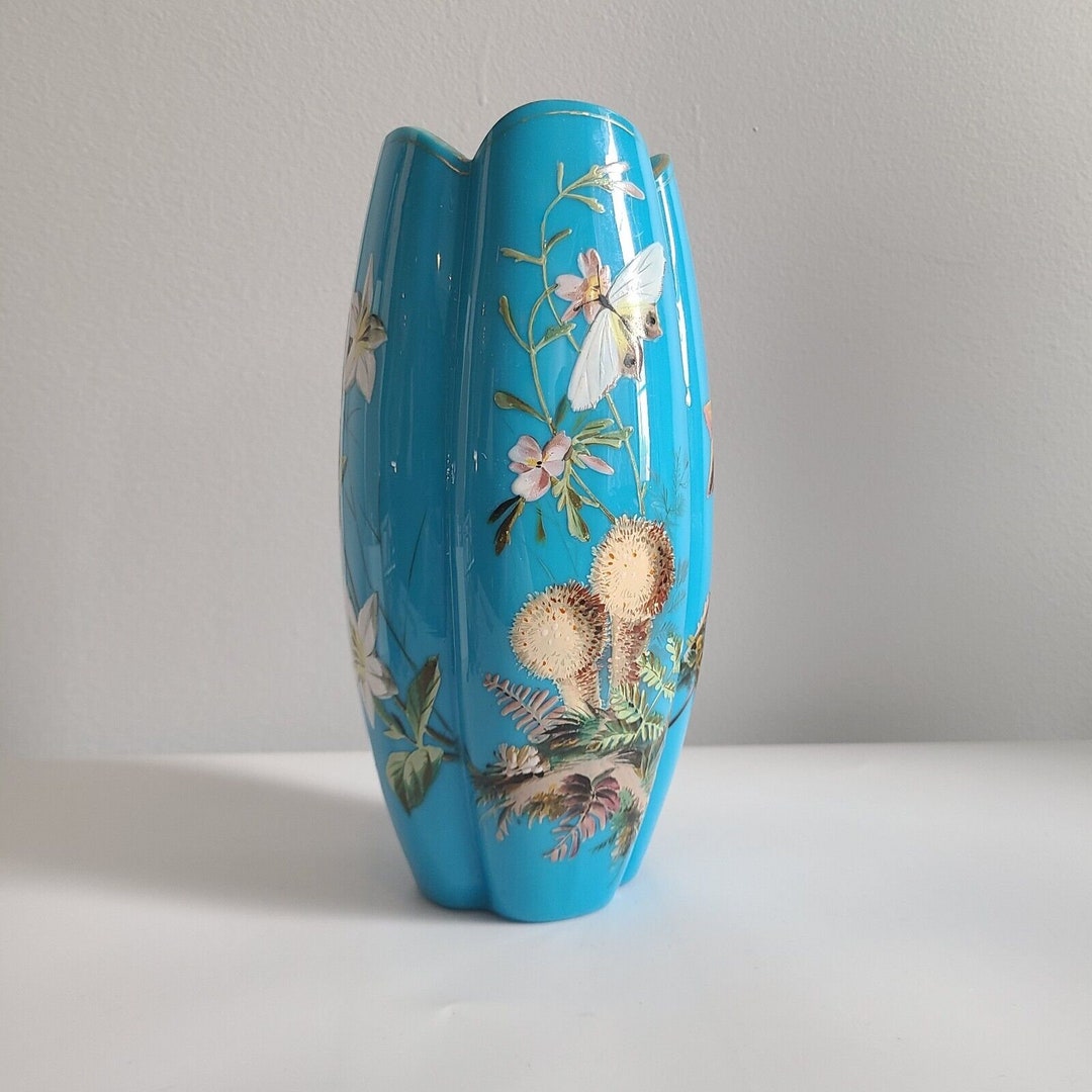 Blue Opaline Milk Glass Vase Handprinted Thistle Butterfly Flower Antique 19th C - Etsy