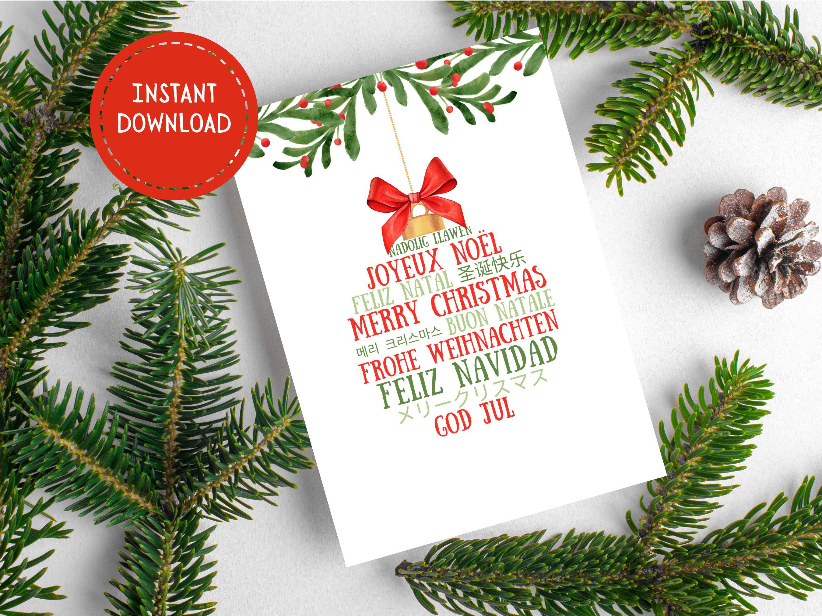 Printable Merry Christmas in 11 Languages Greeting Card, Digital ...