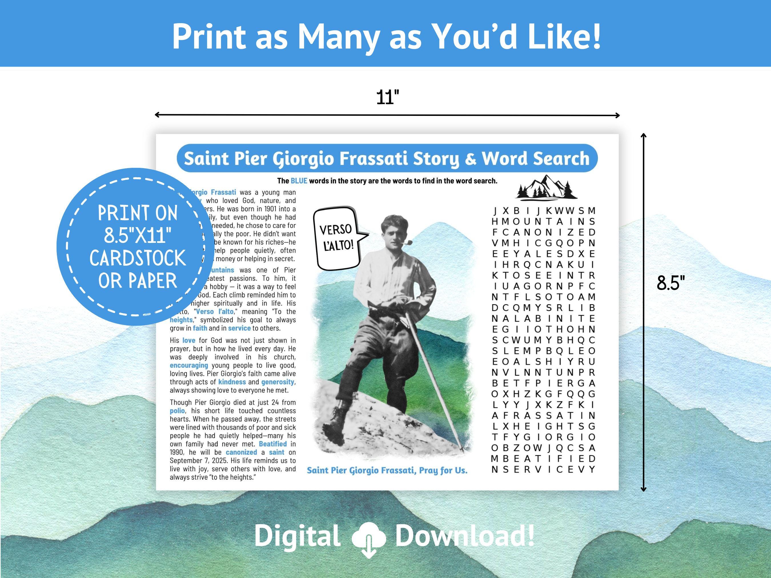 Printable Saint Pier Giorgio Frassati Story and Word Search, Instant ...