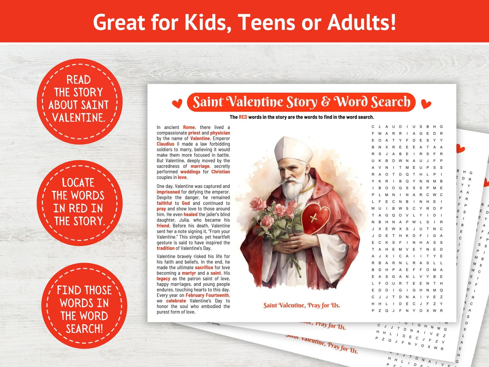 Printable Saint Valentine Story and Word Search, Instant Digital ...