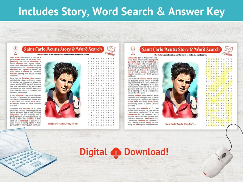 Printable Saint Carlo Acutis Story and Word Search, Instant Digital ...