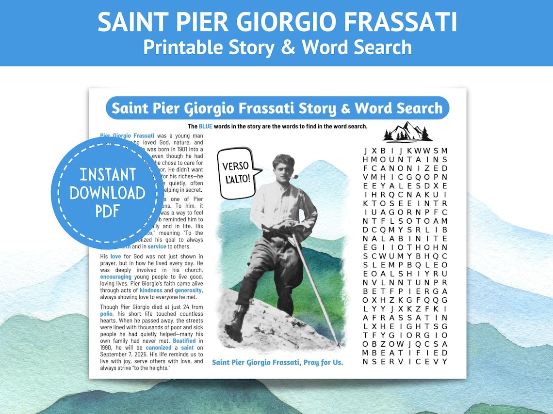 Printable Saint Pier Giorgio Frassati Story and Word Search, Instant ...